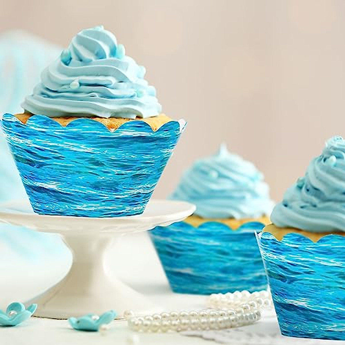 Whaline 48Pcs Ocean Wave Cupcake Wrappers Blue Sea Waves Cupcake Liners Summer Ocean Paper Baking Cup Cupcake Holders for Birthday Summer Ocean Theme Party Cake Decorations