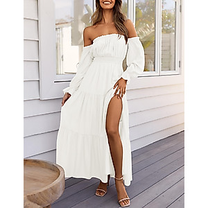 ZESICA Women's 2024 Boho Sexy Off Shoulder Long Sleeve Smocked High Waist Side Split Flowy A Line Tiered Long Maxi Dress,White,Medium