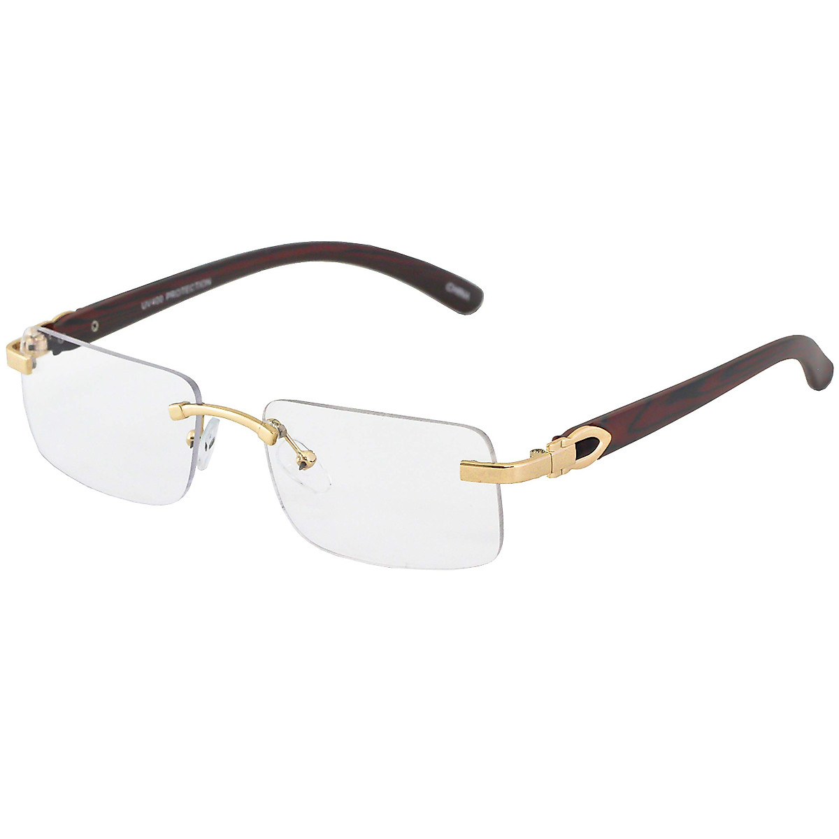 Elite Slim Rimless Rectangular Metal & Wood Art Aviator Sunglasses (Cherry Gold Clear)