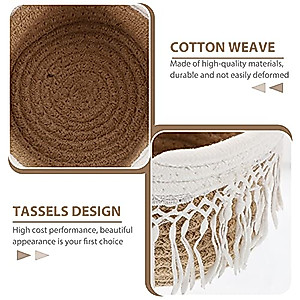 Cabilock Cotton Thread Storage Basket Boho Basket with Tassel Jute Color Farmhouse Small Laundry Basket Table Storage Braided Bin Organizer with Tassel Fringe