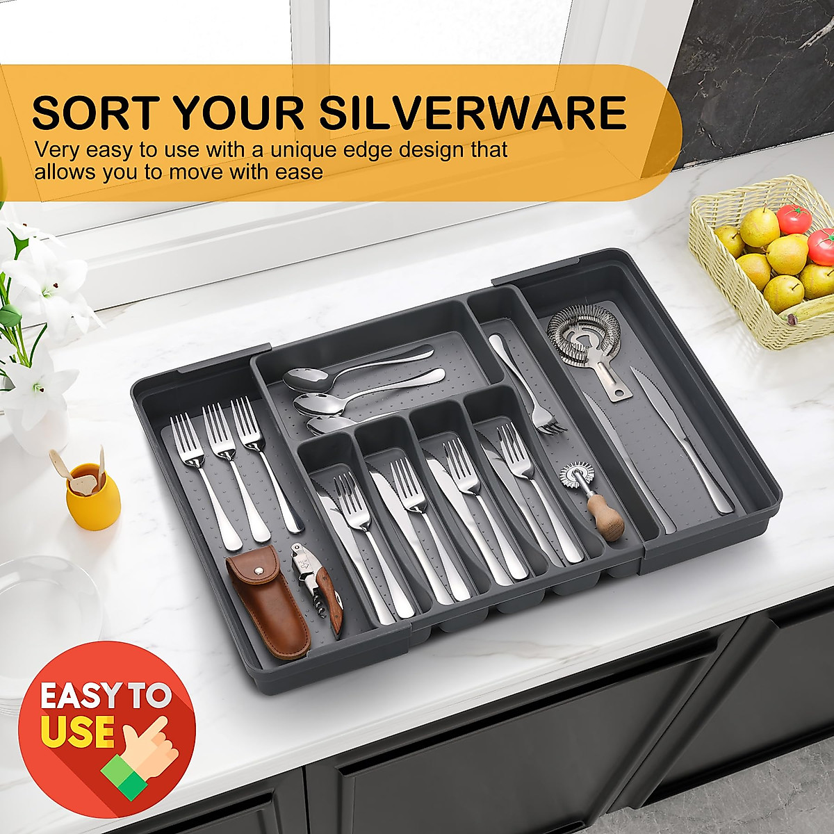 3 Pack Clear Plastic Drawer Organizer, No-Slip Cutlery Tray Utensil Organizer for Kitchen Drawers, Cosmetic Tray for Dressing Table Makeup Storage Organiser in Bedroom and Living Room 7.5" X 13"