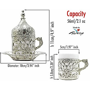 Küchengeräte Turkish Greek Arabic Moroccan Coffee Cup - Set of 2 - Espresso Cup with Inner Porcelain Metal Holder Plate and Lid - 2 Cups Consists of 8 Pcs - Best Gift Idea