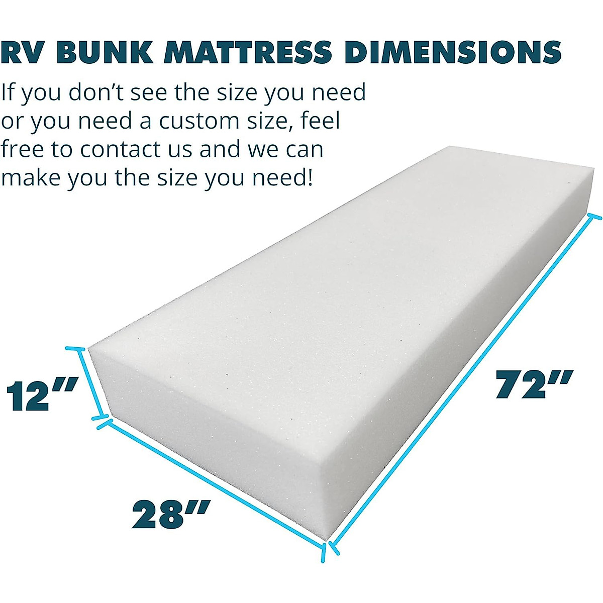 Foamma 12" x 28" x 72" High Density RV Bunk Mattress Replacement, Firm, Durable, Premium Comfort, USA Made, No Cover