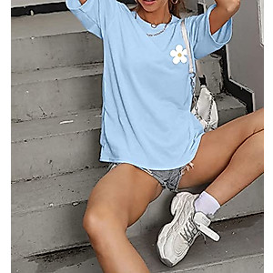 Cioatin Women’s Aesthetic Y2K Oversize Tee Shirt Top Floral Slogan Letter Graphic Drop Shoulder Short Sleeve Tshirt Sky Blue