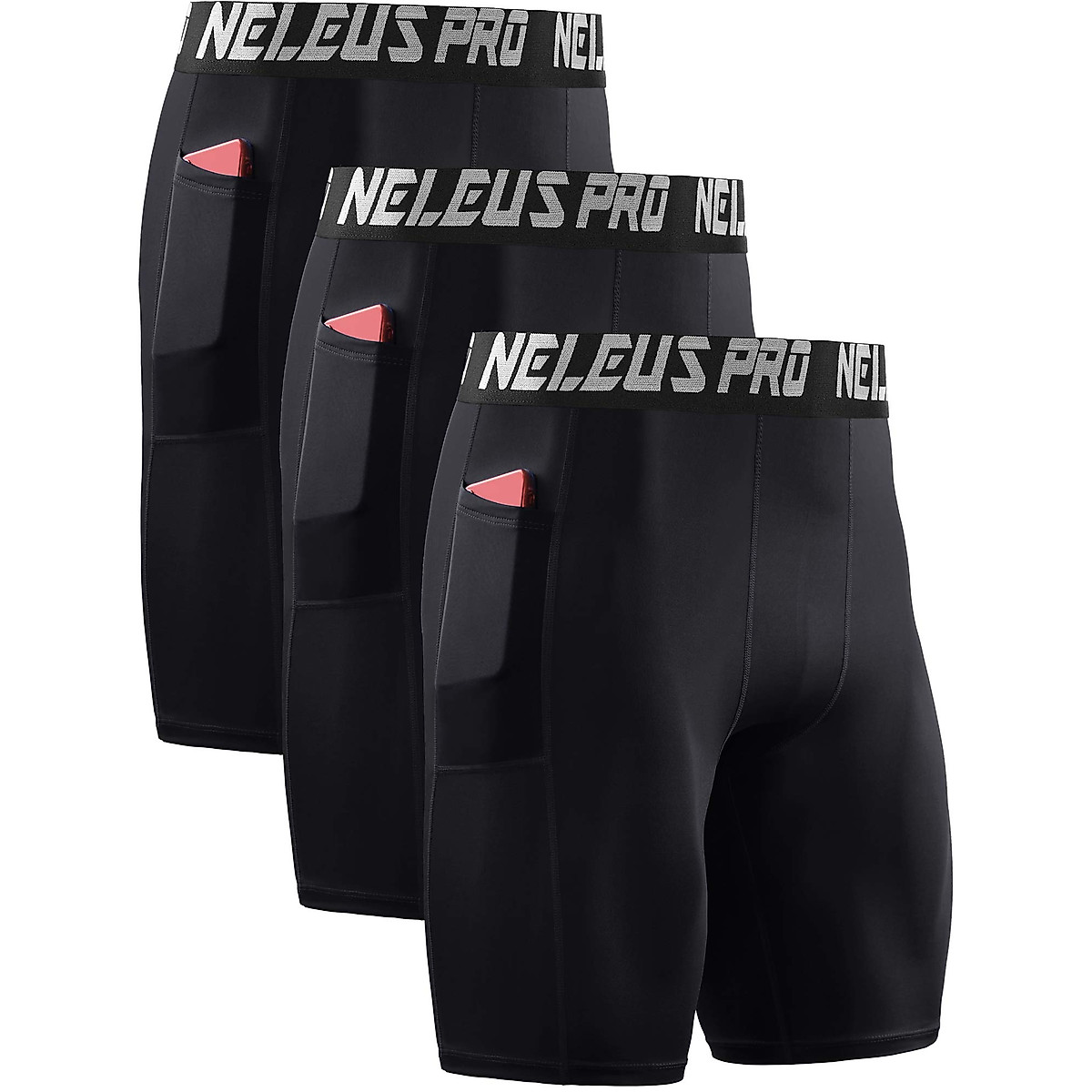 NELEUS Men's 3 Pack Compression Shorts with Pockets Dry Fit Yoga Running Shorts,6063,Black/Black/Black,3XL