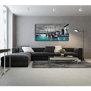 zoinart Hand Painted Large Canvas Wall Art 48x24 Inches Abstract Wall Paintings Contemporary Texture Wall Art Wharf Landscape Artwork Living Room Bedroom Wall Decor Ready to Hang