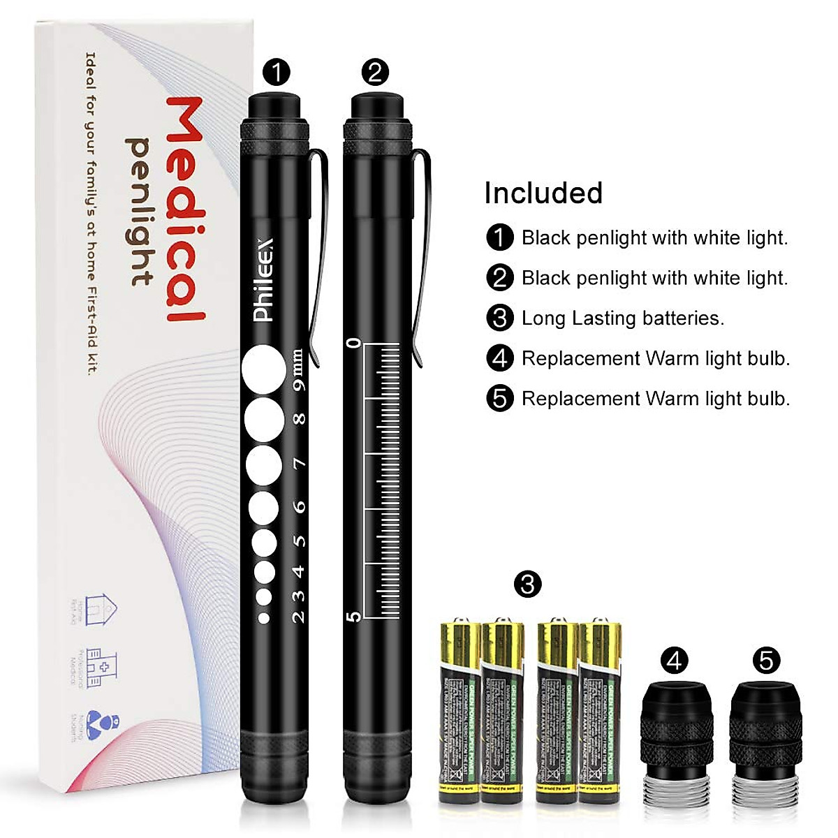 Pen Light, Phileex Medical Pen Light Nurse Pen Lights with Pupil Gauge for Nurses Nursing Students Doctors 2pcs Black with Batteries