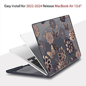 Teryeefi for MacBook Air M2 M3 13.6 Case 2022 2023 2024 Release A2681 A3113, Clear Hard Shell with Keyboard Cover & USB 3.0 Adapter & Screen Protector, Gold Floral Butterfly
