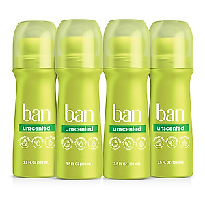 Ban Original Unscented 24-hour Invisible Antiperspirant, 3.5oz Roll-on Deodorant, 4-pack, Underarm Wetness Protection, with Odor-fighting Ingredients