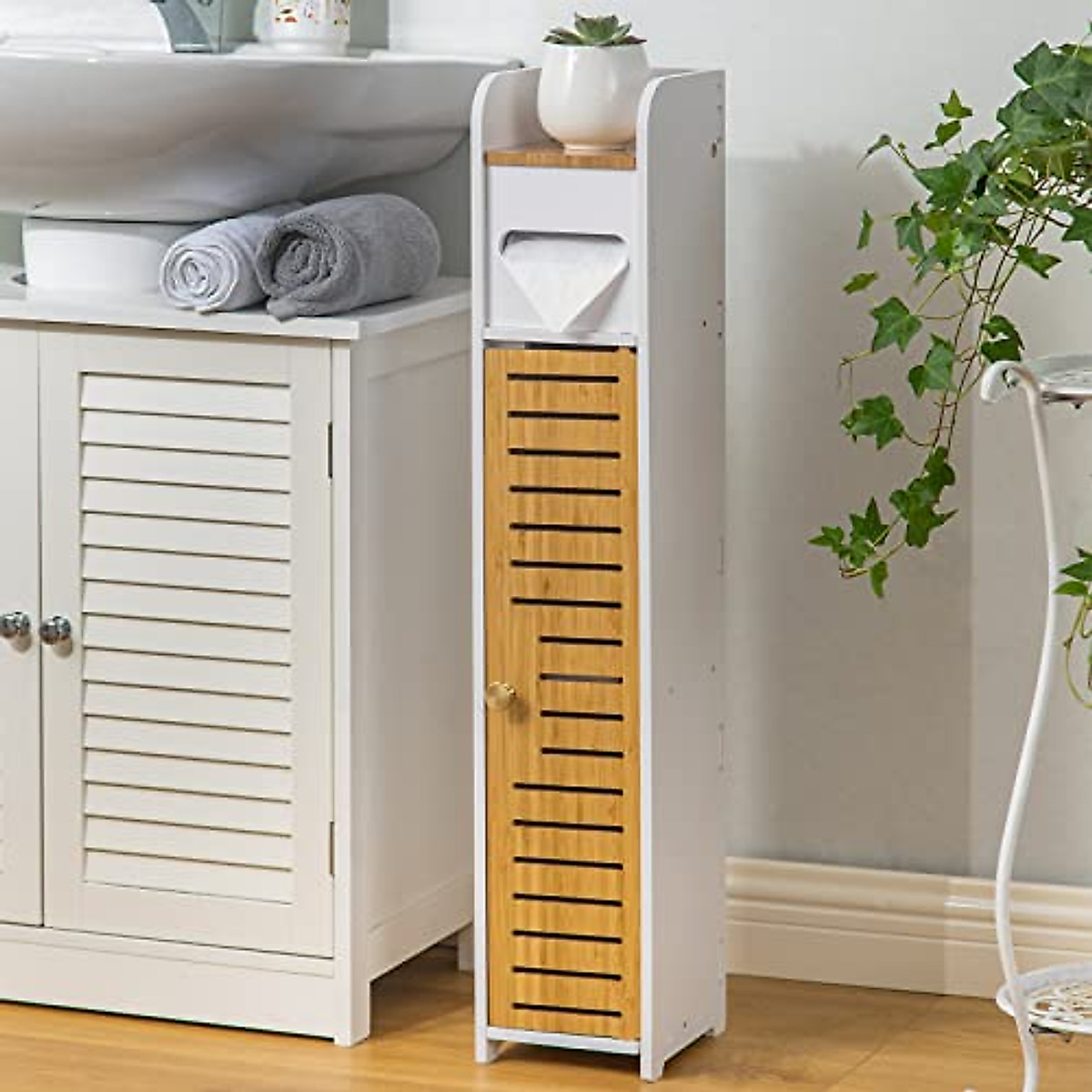 AOJEZOR Bathroom Storage Cabinet,Small Bathroom Storage Cabinet Set of 2 White-Bamboo Narrow Bathroom Cabinet Waterproof Great for Small Spaces,Slim Bathroom Storage Fit for Toilet Paper Storage