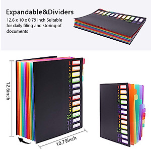 Edufun Rainbow Tab Expanding File Folder - 24 Pockets, Durable A4 Letter Size Organizer, Water-Resistant Plastic Dividers, Home/Office/School Document Holder (Black)