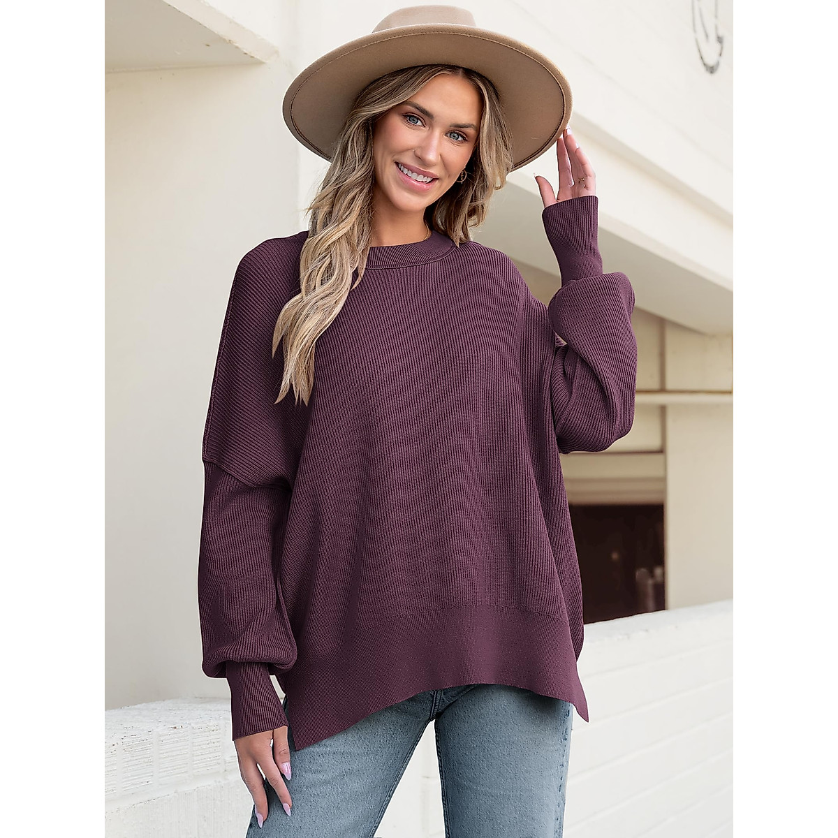 ANRABESS Women Crewneck Batwing Long Sleeve 2024 Fall Oversized Side Slit Ribbed Knit Pullover Sweaters Top Cozy Outfits Fuchsia Medium