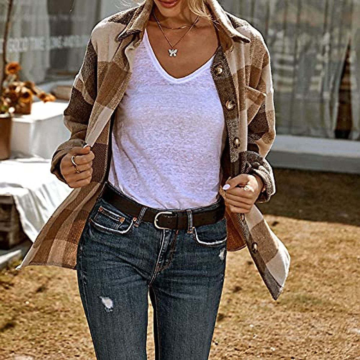 Plaid Shacket Jacket for Women Fall Winter Cute V Neck Long Sleeve Button Down Blouses Tops Flannel Outerwear Jackets Coats