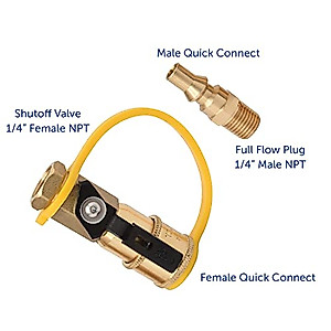 Flame King 1/4" RV Propane Quick Connect Adapter for Propane Hose, Propane or Natural Gas 1/4" Quick Connect or Disconnect Kit - Shutoff Valve & Full Flow Plug - 100% Solid Brass