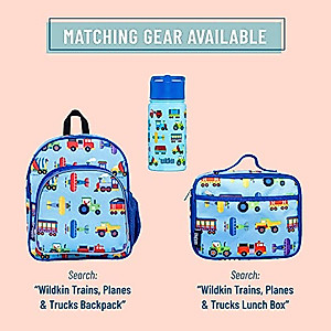 Wildkin Kids Stainless Steel 14 Ounce Water Bottle for Boys & Girls, Perfect for Daycare, School, or Travel, Features Straw Top & Carrying Handle, Easy to Clean Water Bottles (Trains, Planes & Trucks)