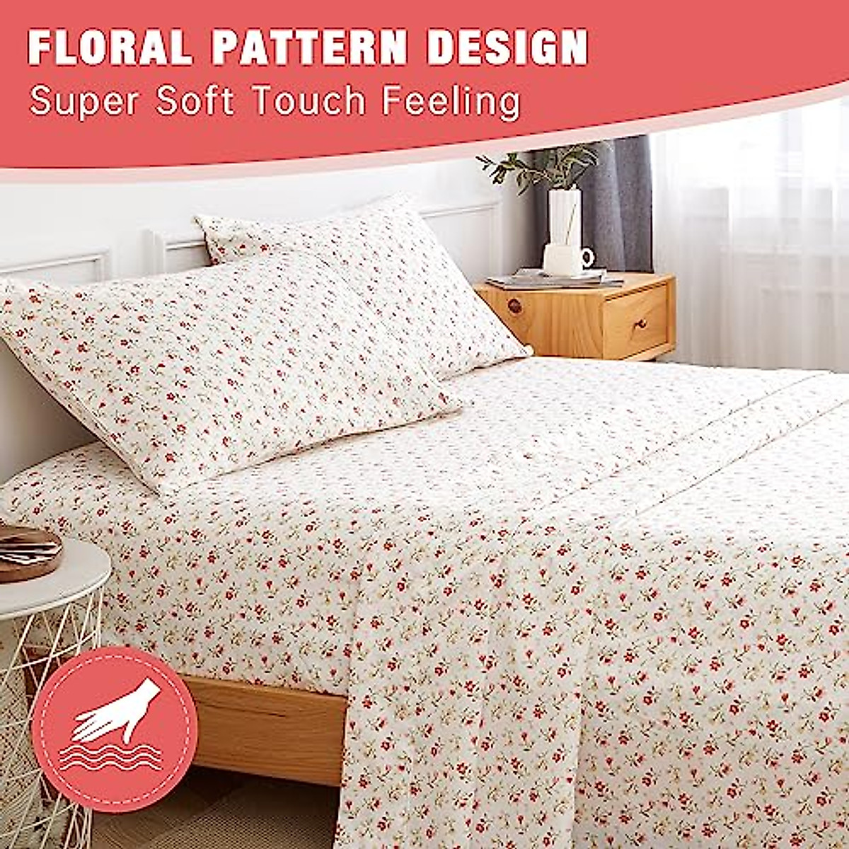 Queen Bed Sheet Set 4PC Printed Cute Red Flower Sheet Pattern Cooling Brushed Microfiber 17" Deep Pocket Floral Sheets Set Luxury, Soft, Breathable, Hypoallergenic, Wrinkle Free Double Bedding