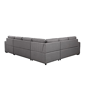 123" U-Shaped Polyester Sectional Sofa with Pull Out Sleeper Couch Bed & Storage Chaise, Oversized Functional Sofa & Couch Convertible Sofabed w/4 Pillows for Home Apartment Living Room Furniture Set