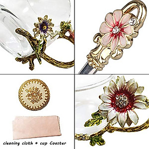 JY-Danbady Enamel Sunflower Crystal Lead-Free Glass Tea Cup with Spoon Set, Present for The Christmas, Valentine's Day.Best Present for Mother, Grandma, Girlfriend, Sister.