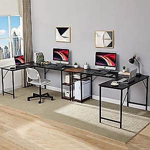 AINGOO L Shaped Desk Reversible with Storage, 72 Inch 2-Person Long Desk Computer Gaming Office Desk, Writing Study Corner Desk for Home Office, Black/Brown