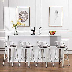 Yongqiang 24" Swivel Metal Bar Stools with Backs Counter Height Barstools Set of 4 Industrial Kitchen Dining Bar Chairs with Wooden Seat White