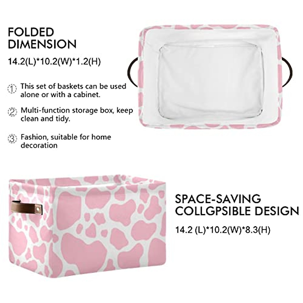 HJJKLLP Large Storage Basket Black White Cow Print Pink Cow Print Foldable Storage Box Organizer Bins with Handles for Shelf Closet Bedroom Home Office