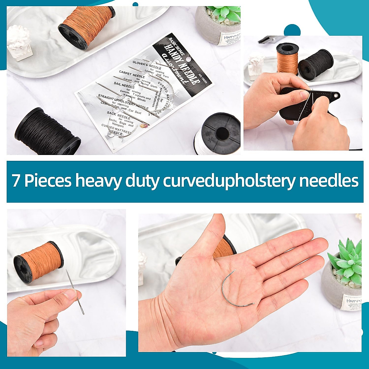 Topus Extra Strong Upholstery Repair Sewing Thread Kit and Heavy Duty Household Hand Needles, Including 7 Styles of Leather Canvas Sewing Needles and 3 Colors Nylon Thread (70 Yard of Each Roll)