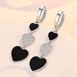 Heart Shape Earrings, Black Rhinestone Earrings White Gold Plated Dangle Length 52MM Jewelry Womens Gift