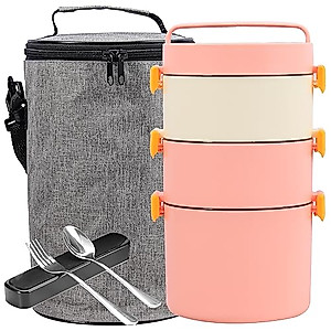 SHUCHENGMAOYI Insulated Food Container,Bento Stackable Lunch Box,3 Layers stainless steel bento lunch box thermal bento box Leakproof Food Storage Container with Lunch Bag & Cutlery (Pink824)