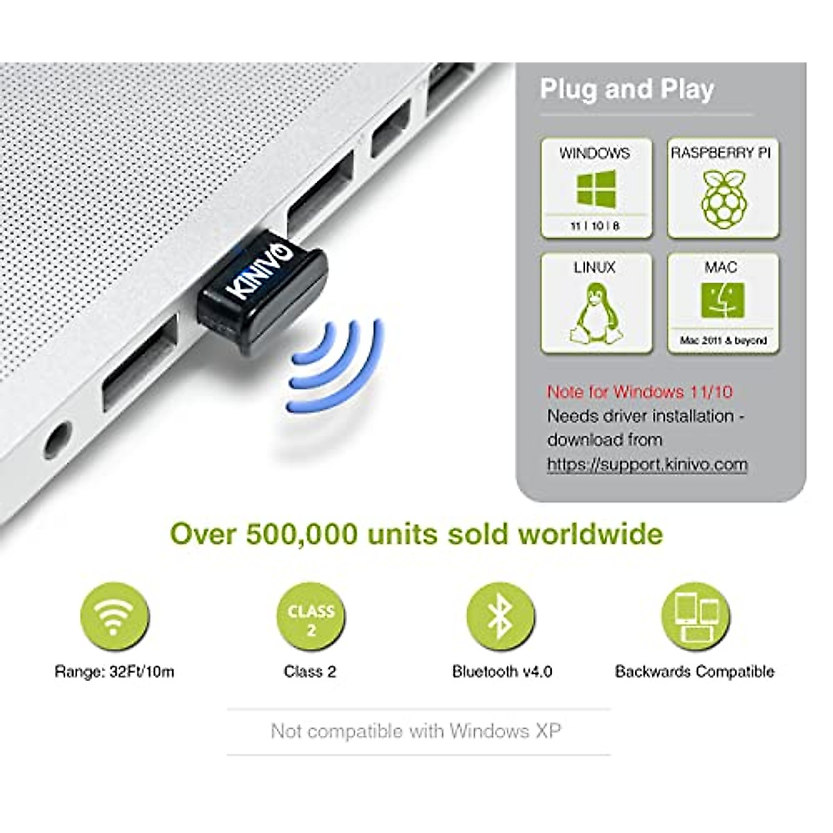 Kinivo USB Bluetooth Adapter for PC BTD400 (Bluetooth 4.0 Dongle Receiver, Low Energy) - Compatible with Windows 11/10/8.1/8/7, Raspberry Pi, Linux, MacOS, Laptop & Headphones