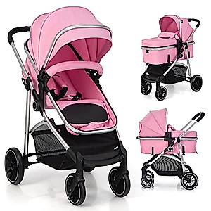 BABY JOY 2 in 1 Convertible Baby Stroller, High Landscape Baby Stroller w/Reversible Seat, Removable Footmuff, Adjustable Backrest & Canopy, Foldable Infant Pram Stroller for 0-36 Months Babies, Pink