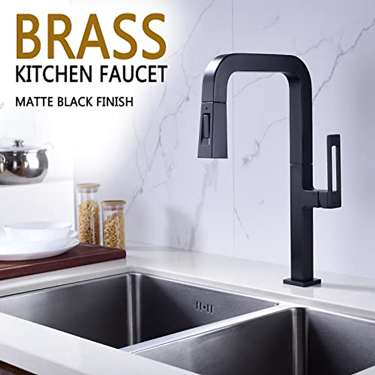 Kitchen Faucet with Pull Down Sprayer Square Shaped Brass Bar Sink Faucet Single Handle Kitchen Faucet, Matte Black