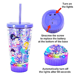 GILANO 18oz Kids Tumbler Water Drinking Bottle with LED Light Up - BPA Free, Straw Lid Cup, Reusable, Lightweight, Spill-Proof Water Bottle with Cute Design for Girls & Boys (Mermaid)