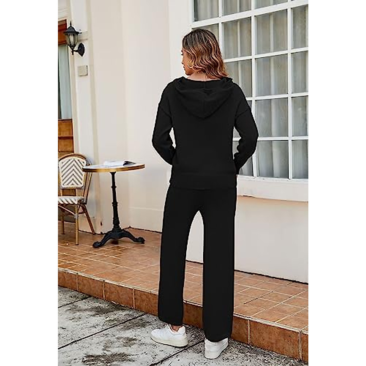 Pink Queen Women's 2 Piece Sweater Outfits Set Pullover Hoodie Top Wide Leg Pants Knit Sweatsuit Lounge Sets Black L