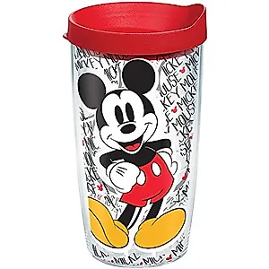 Tervis Disney - Mickey Mouse Name Pattern Tumbler with Wrap and Red Lid 16oz, Clear
