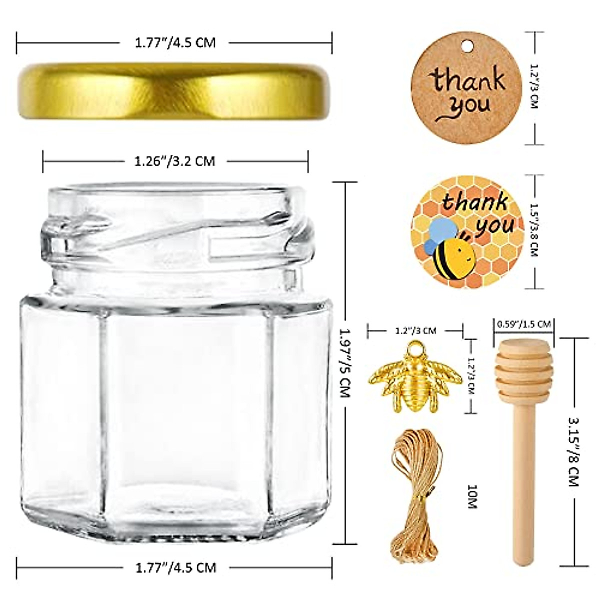 GIVAMEIHF 40 pack Mini Glass Honey jars,1.5oz Hexagon Honey Jars with Wooden Dipper,Gold Lid,Pendant,Rope,Mini Honey Jars with Lids,Perfect for Baby Shower,Wedding Favors,Party Favors