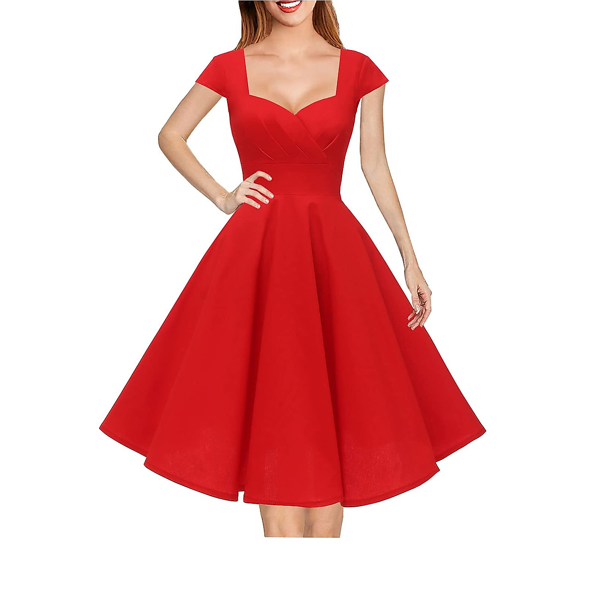 Hanpceirs Women's Cap Sleeve 1950s Vintage Party Dress Cocktail Dress Formal Dresses with Pocket Red L