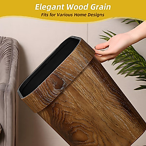 Wood Grain Plastic Trash Can Bedroom, Square 2-Pack, 3.7 Gal Farmhouse Wastebasket Bin Retro Style, Brown Trash Can for Room Aesthetic, Open Top Garbage Can for Office, Living Room, Hotel, Bathroom