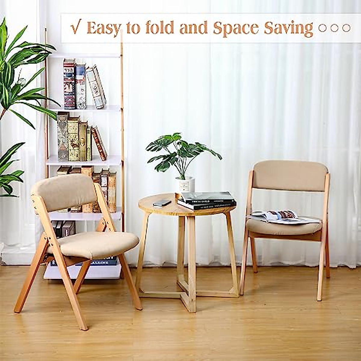 Kigley 2 Pack Folding Chairs with Padded Seats and Removable Cover, Wooden Foldable Dining Chairs Stackable Padded Single Folding Chairs for Home Office Wedding Party Events Indoor Outdoor, Khaki