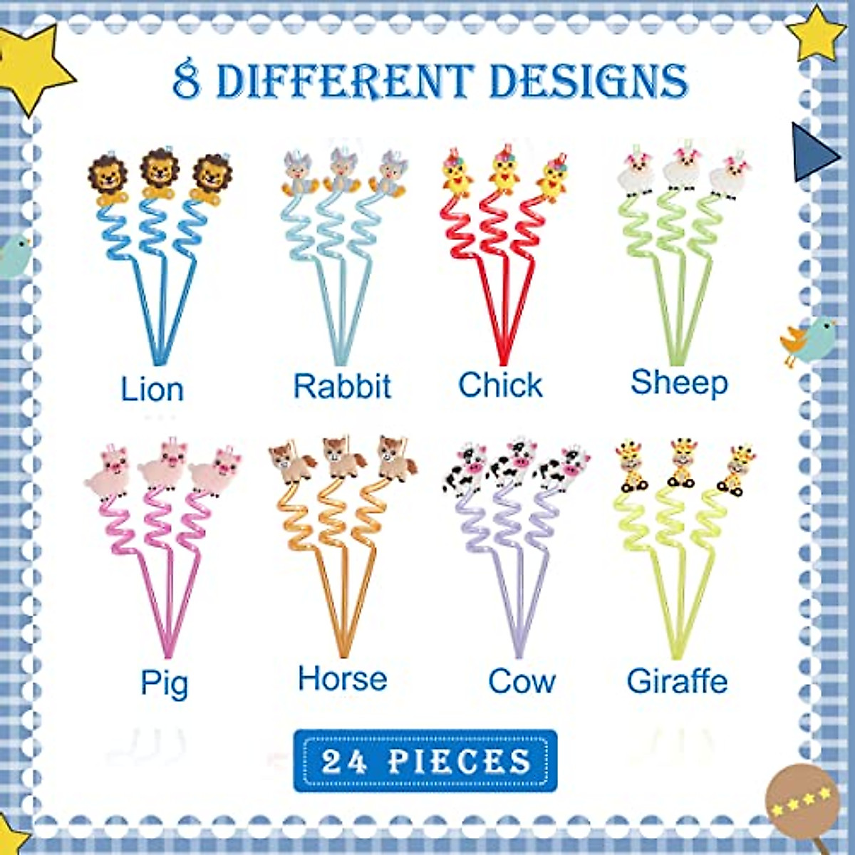 BravOne 24 PCS Farm Animal Plastic Straws, Reusable Colorful Drinking Straws with Chicken Rabbit Sheep Horse Cow Pig Lion Giraffe Pattern for Birthday Party Supplies 2 Cleaning Brushes (Farm Animal)