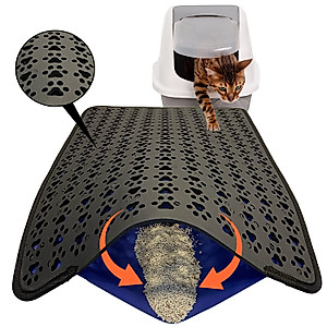 KAYOUBI Cat Litter Mat Litter Trapping Mat, Double-Layer Kitty Paw Design, Urine and Waterproof Material, Easy to Clean, Non-Slip, Scatter Control, Sifting, Kitty Mat, (Blue)