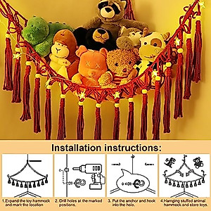 Razella Red Stuffed Animal Net or Hammock with LED Light Macrame Small Squishmallow Net Hammock for Wall Bedroom Living Boho Kids Room Decor