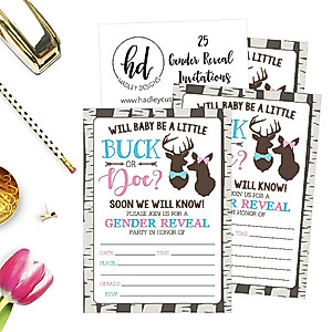 Hadley Designs 25 Buck or Doe Deer Gender Reveal Baby Shower Party Invitation Cards Pink Blue He She Personalized for Unisex Invite Guess If It's a Boy or Girl Fill In The Blank Printable Invite Pack