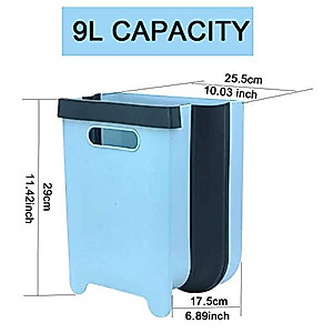 Hanging Kitchen Trash Can Collapsible Garbage Bin Small Compact Garbage Can Hanging Garbage Can for Kitchen Cabinet Door Foldable Plastic Car Bathroom Waste Basket - 2.4 Gallon (Blue)