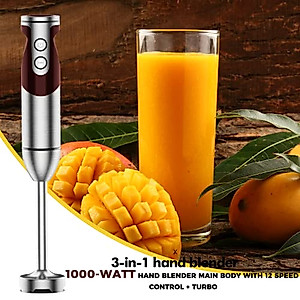 3- in-1 Immersion Hand blender, Powerful 1000W Stainless Steel Stick Blender, 4 Sharpe Blades with Whisk, Milk Frother Attachments