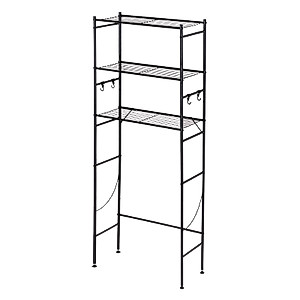 KIMZDA 3-Tier Over The Toilet Storage Rack Bathroom Space Saver Metal Towel Organizer, with 4-Hooks and Adjustable Feet, Black