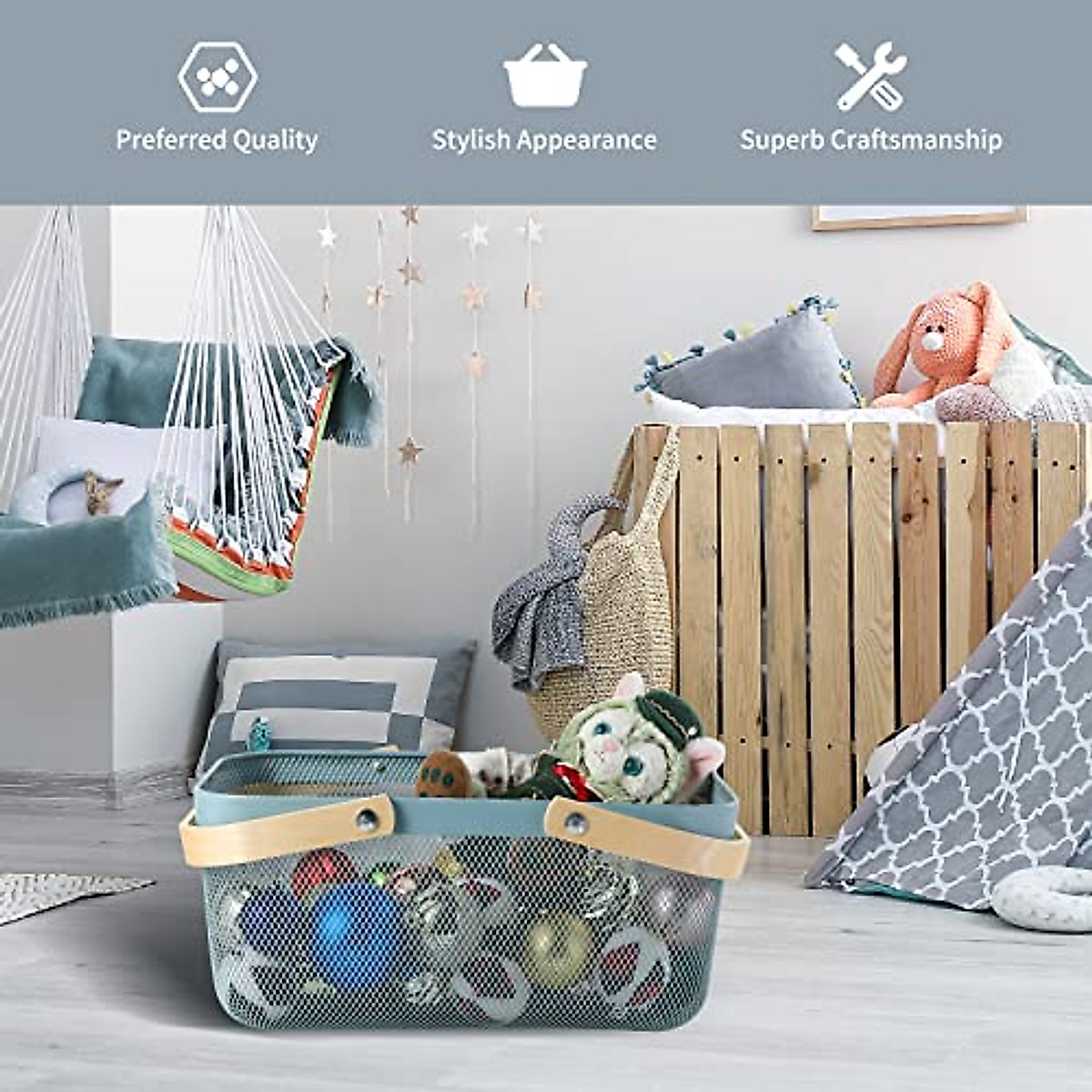 Lifuxiu Metal Mesh Steel Basket mesh basket with handle，Storage Organizer Basket Fruit Vegetable Basket, Solutions for Kitchen, Garden ,Picnic,Gifts and More (Blue)