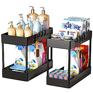 Wekin Under Sink Organizers & Storage 2 PCS, 2 Tier Under Cabinet Basket Organizer for Kitchen Bathroom, 2 Size Multi-Usage Storage Shelf with Hooks, Under the Sink Standing Stackable Rack for Bath