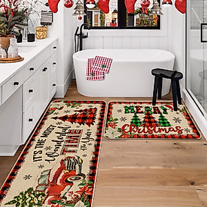 cusugbaso Christmas Kitchen Mats, Merry Christmas Kitchen Rugs Set of 2 - Red Buffalo Plaid Christmas Kitchen Decor - Truck Christmas Decorations for Bathroom,Floor,Indoor,Home 17"x27+17"x47"