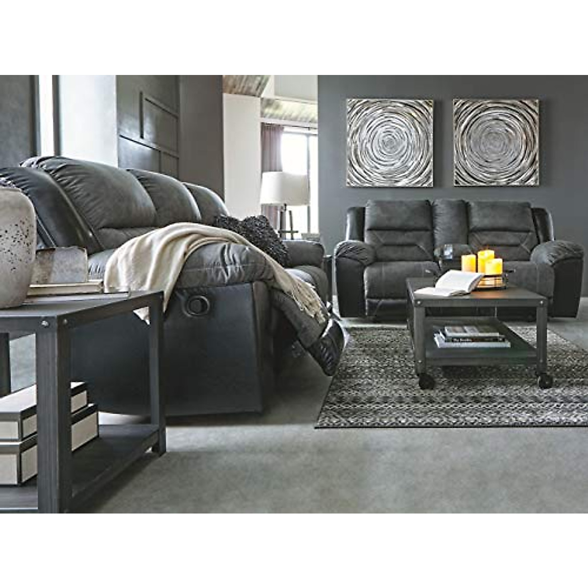 Signature Design by Ashley Earhart Faux Leather Manual Double Reclining Loveseat with Storage Console, Gray & Black