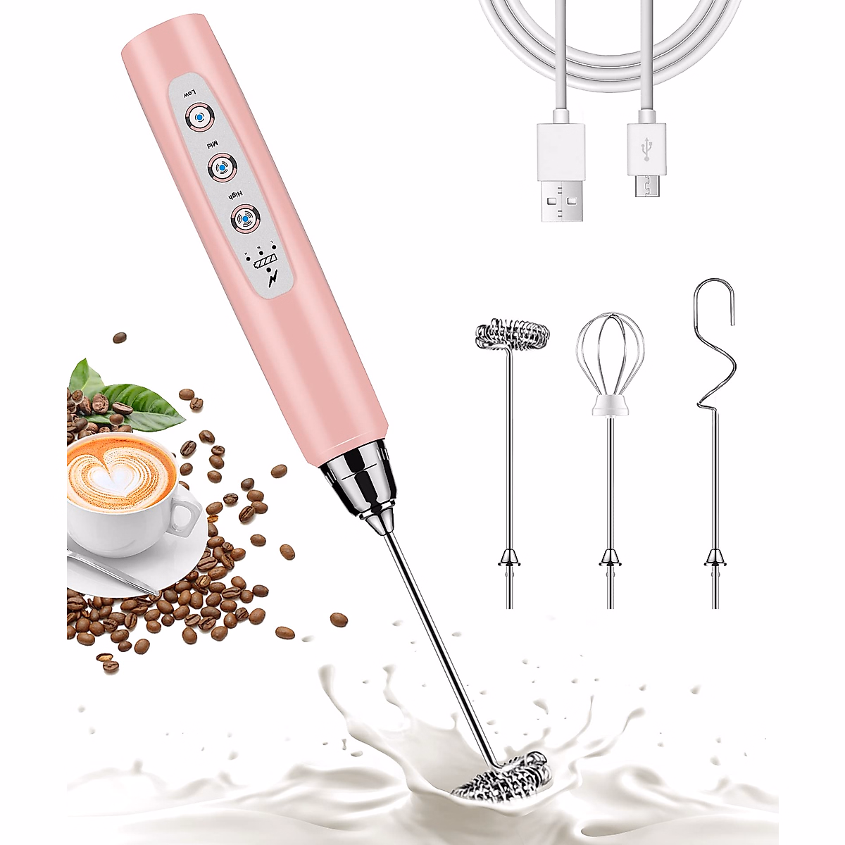 Nahida Handheld Milk Frother for Coffee, Rechargeable Electric Whisk with 3 Heads 3 Speeds Drink Mixer Foam Maker For Latte, Cappuccino, Hot Chocolate, Egg - Pink